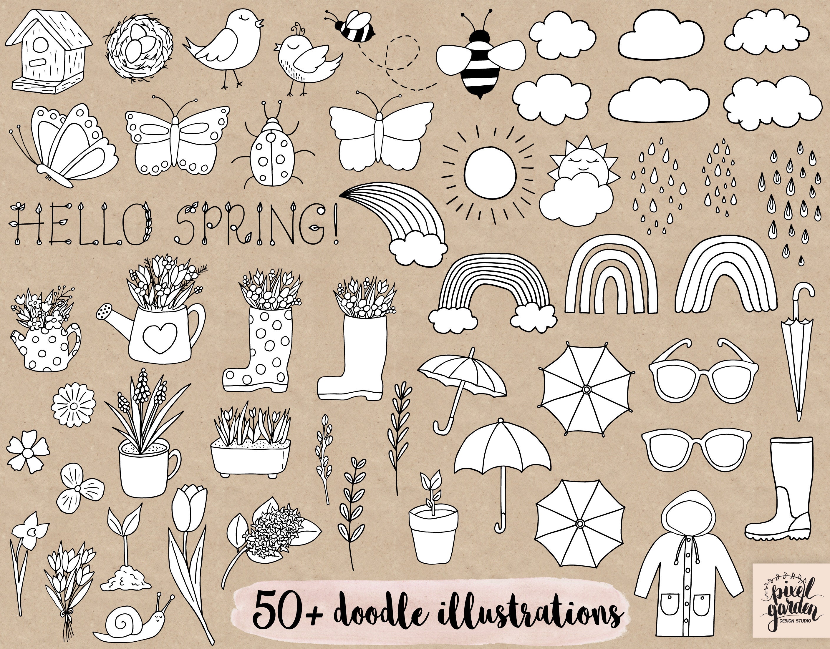 Black & White Spring Clipart. Hand Drawn Floral Clip Art. | Etsy