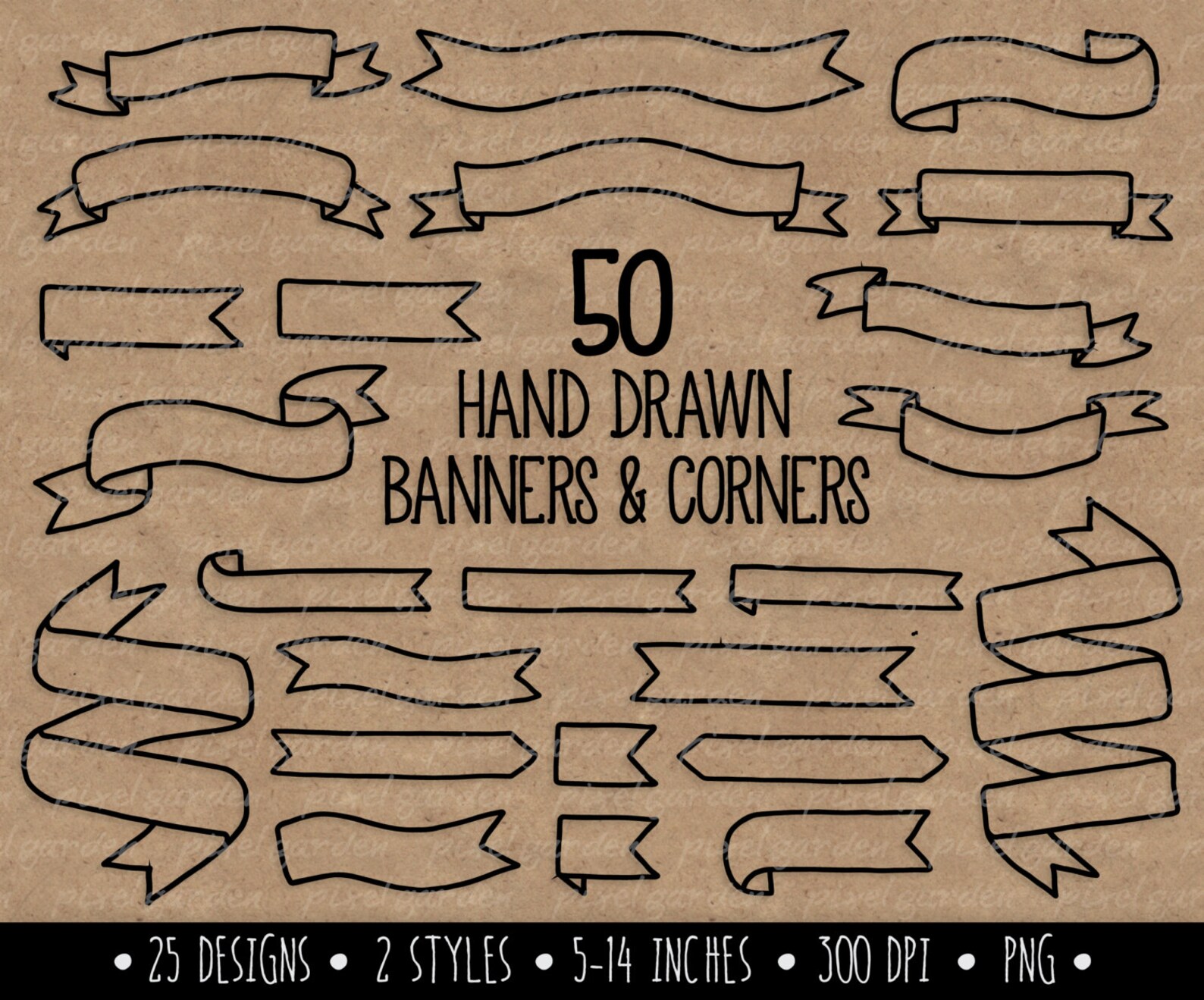 Hand Drawn Banners Clip Art. Doodle Ribbon Banners. White Banners ...