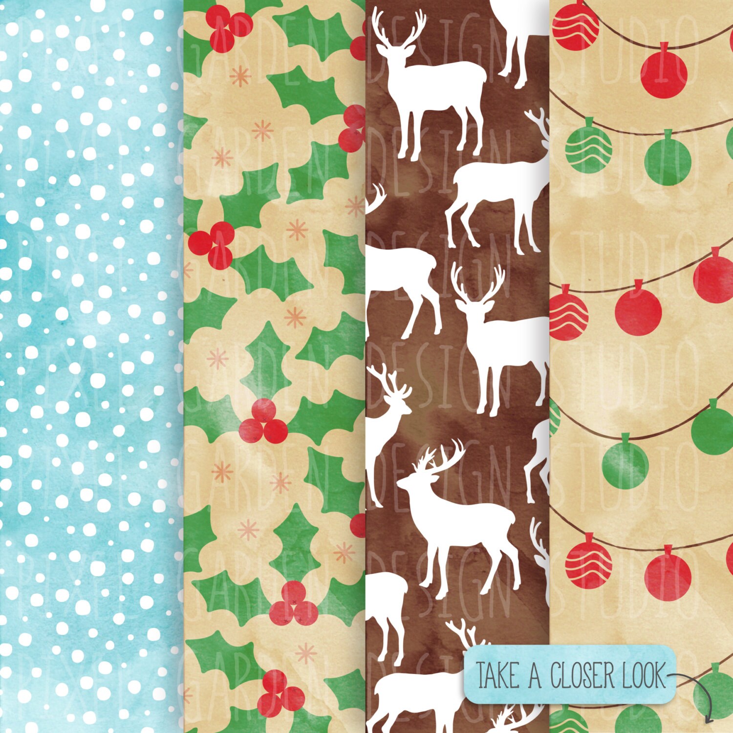 Christmas Digital Paper. Watercolor Rustic Christmas Patterns. | Etsy