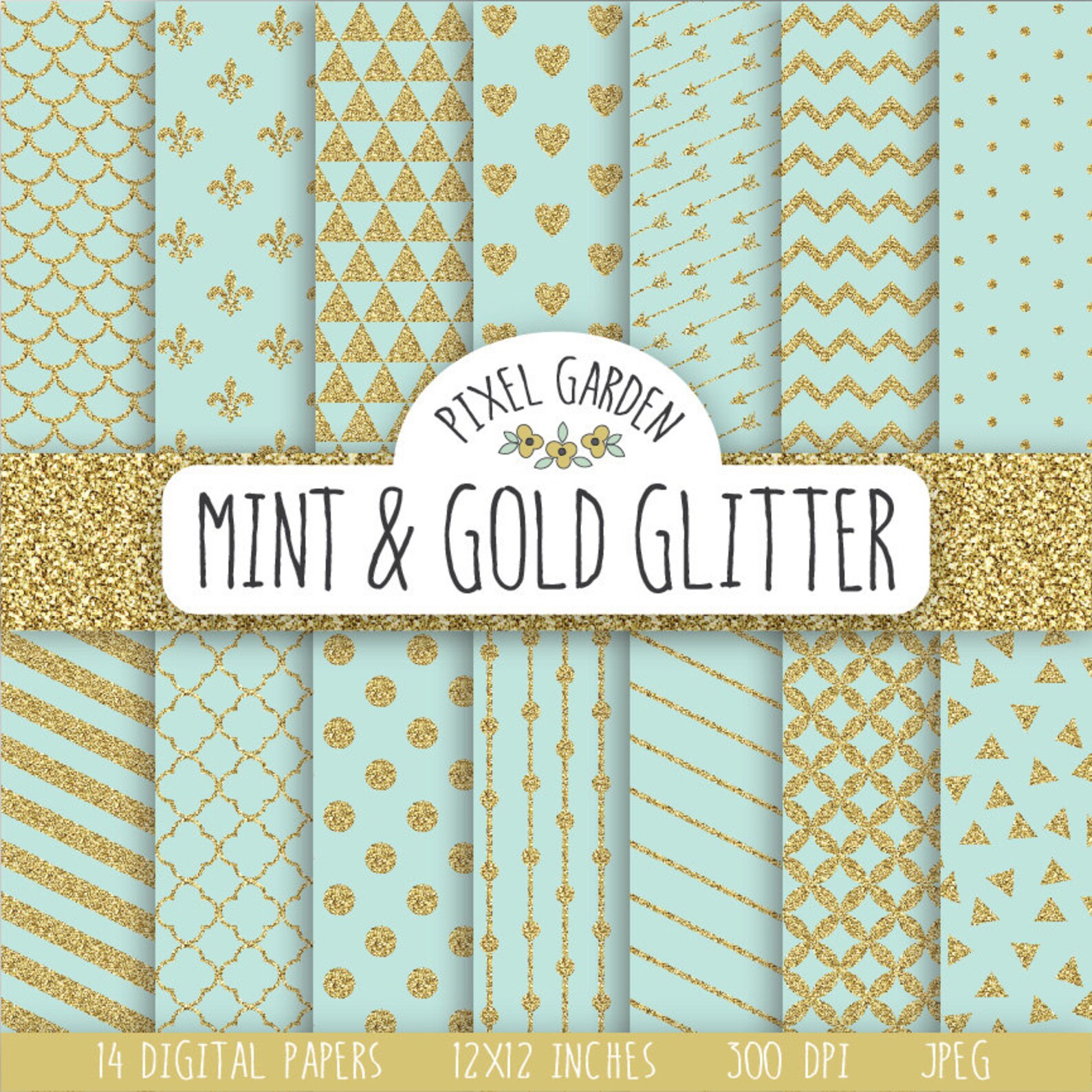 Mint and Gold Glitter Digital Paper. Gold Sparkle Scrapbooking - Etsy