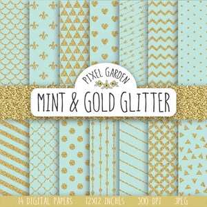 Mint and Gold Glitter Digital Paper. Gold Sparkle Scrapbooking Paper ...
