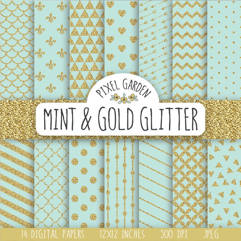 Mint and Gold Glitter Digital Paper. Gold Sparkle Scrapbooking | Etsy