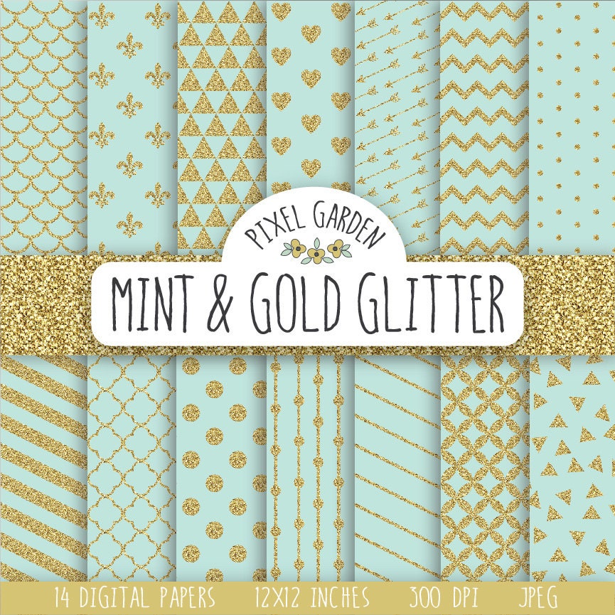 Mint and Gold Glitter Digital Paper. Gold Sparkle Scrapbooking | Etsy