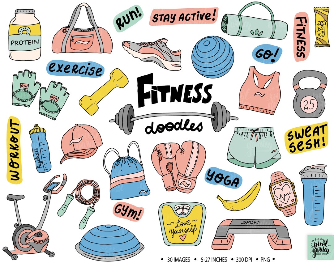 Hand Drawn Fitness Clip Art. Doodle Gym Equipment, Sports Illustrations ...