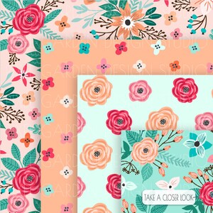 Peach & Mint Floral Digital Paper. Pink, Teal, Coral, Aqua, Mint Peony ...