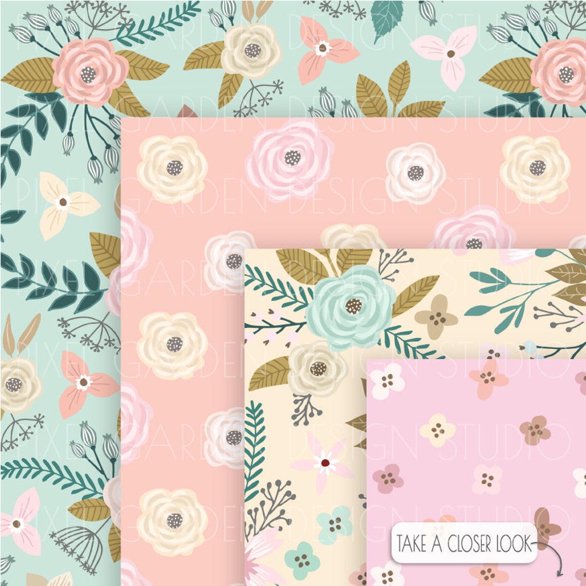 Pastel Floral Digital Paper. Shabby Cottage Chic Scrapbook - Etsy