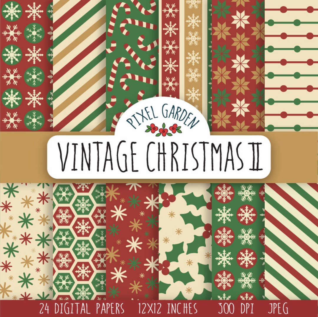 Retro Christmas Digital Paper. Vintage Christmas Holiday Patterns. Red ...