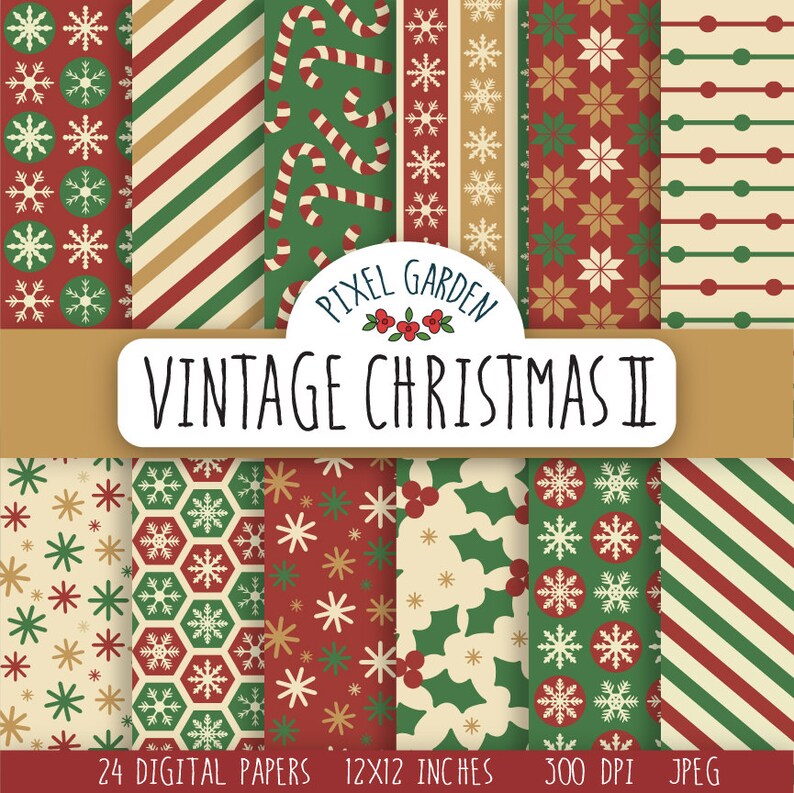 Retro Christmas Digital Paper. Vintage Christmas Holiday Patterns. Red ...