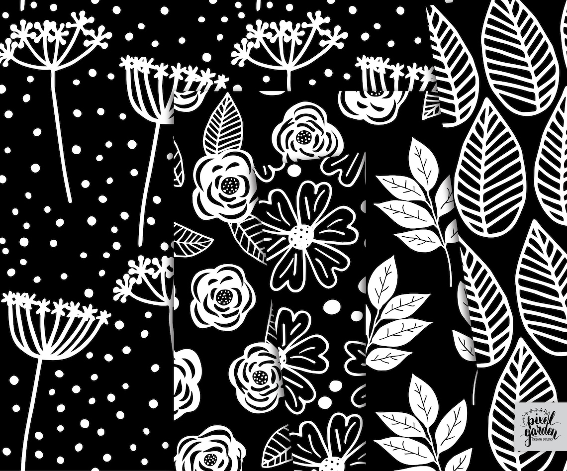 Black and White Floral Digital Paper. Seamless Minimalist Rose - Etsy