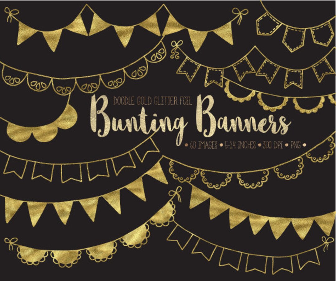 Gold Bunting Banner Clip Art. Gold Glitter Party Garland. Hand Drawn ...