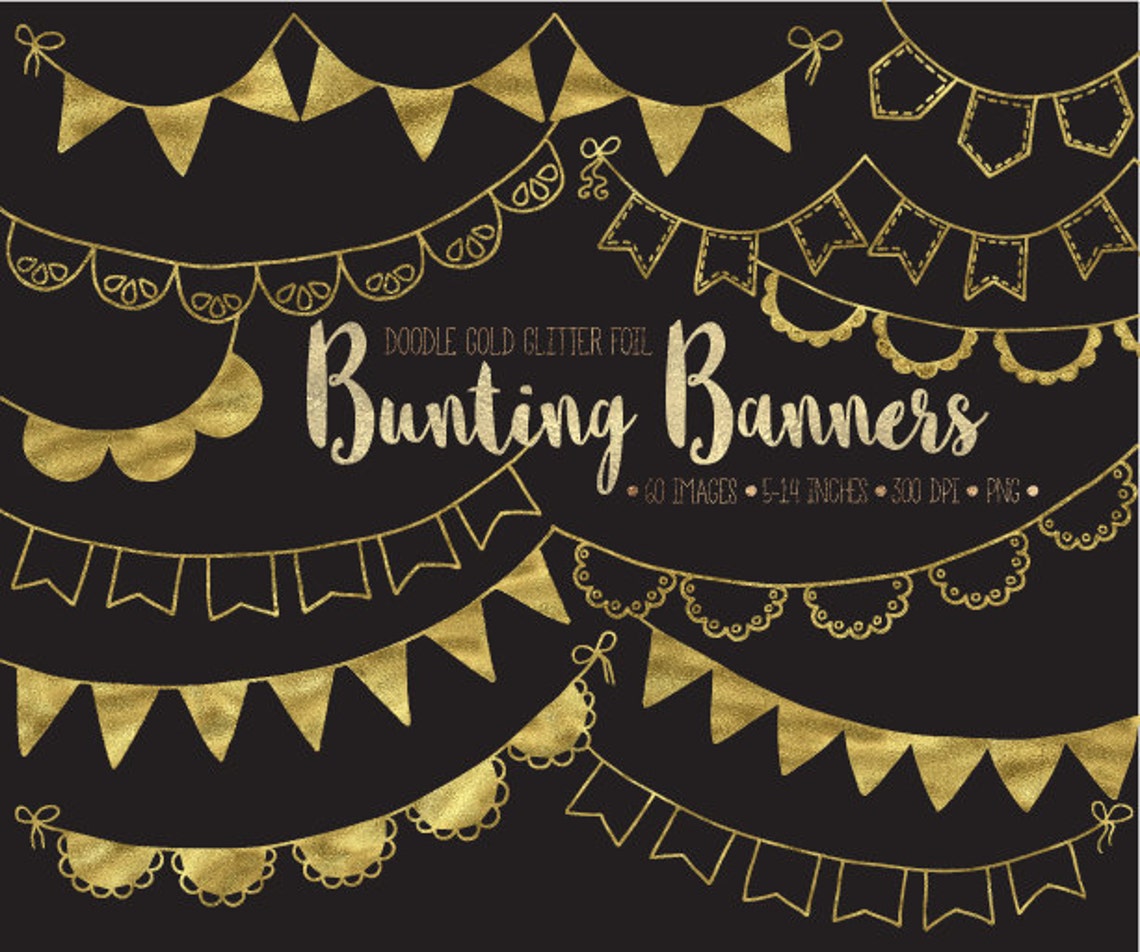 Gold Bunting Banner Clip Art. Gold Glitter Party Garland. Hand | Etsy