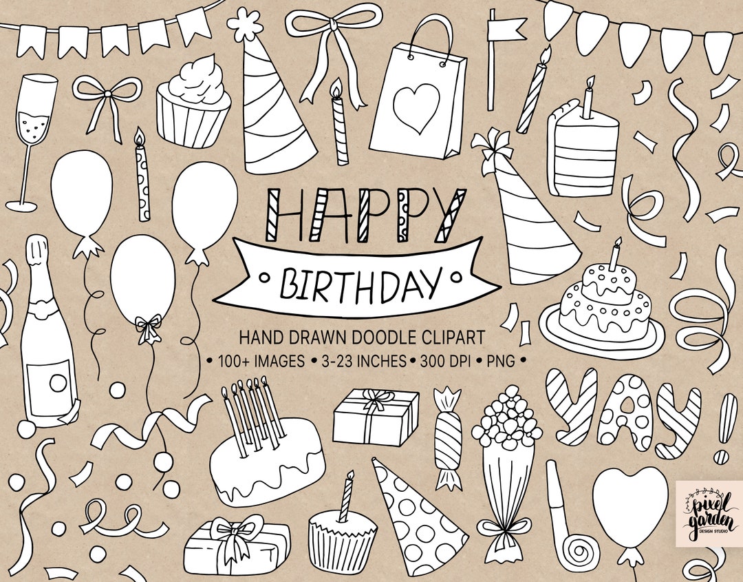 Birthday Clipart. Hand Drawn Birthday Clip Art. Celebration Clipart ...