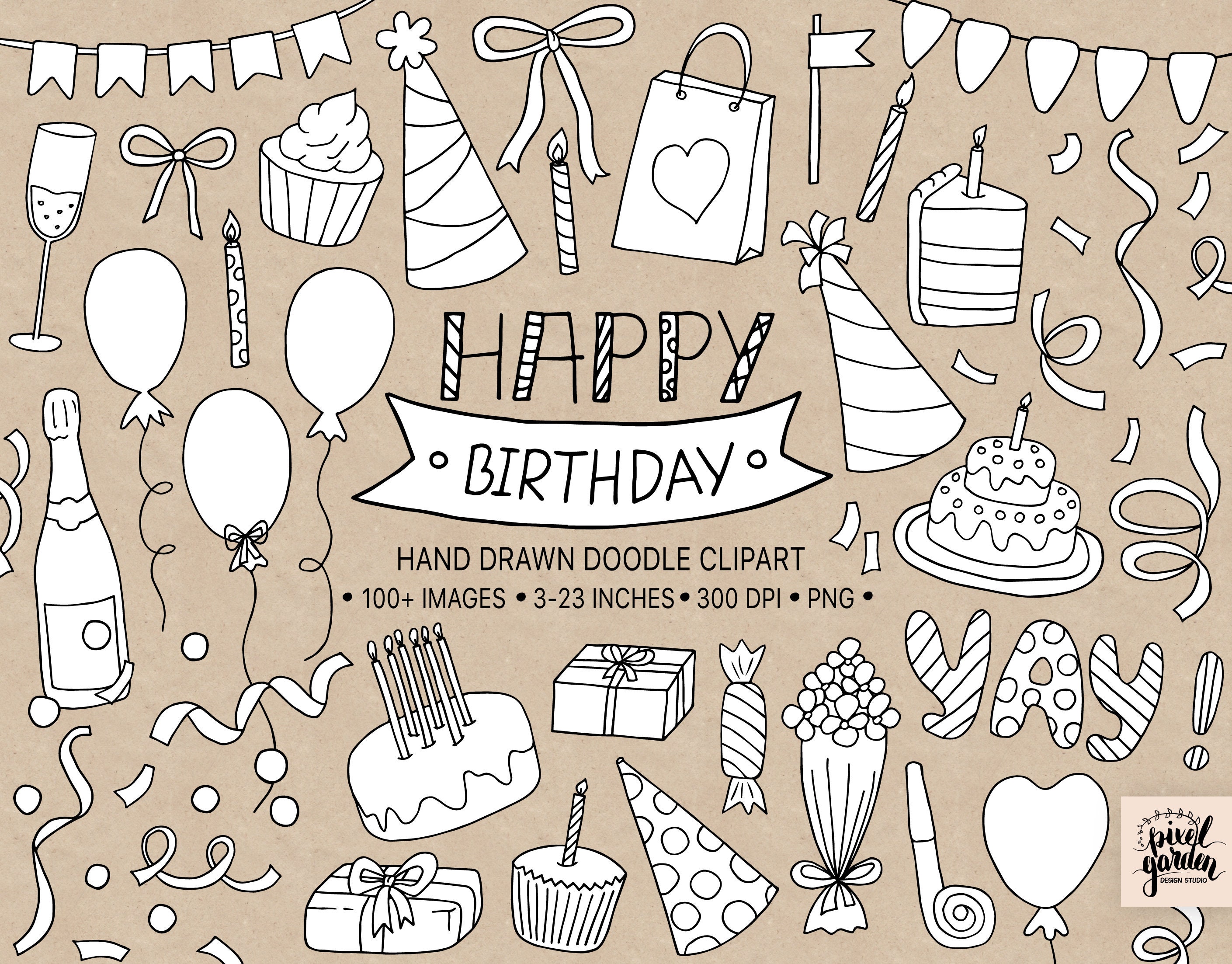 Birthday Clipart. Hand Drawn Birthday Clip Art. Celebration | Etsy