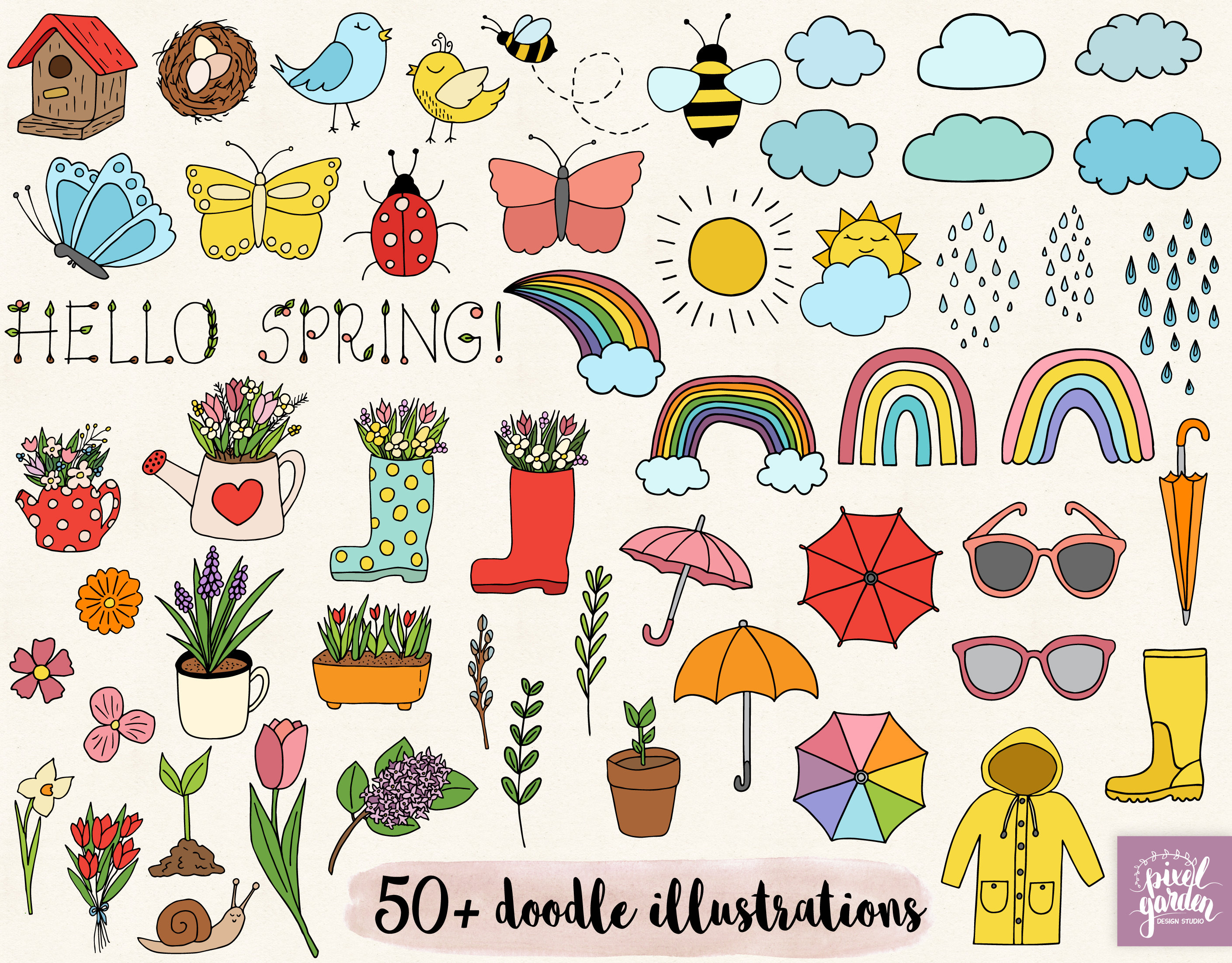 Spring Clipart. Hand Drawn Floral Clip Art. Rainbow Clipart. - Etsy
