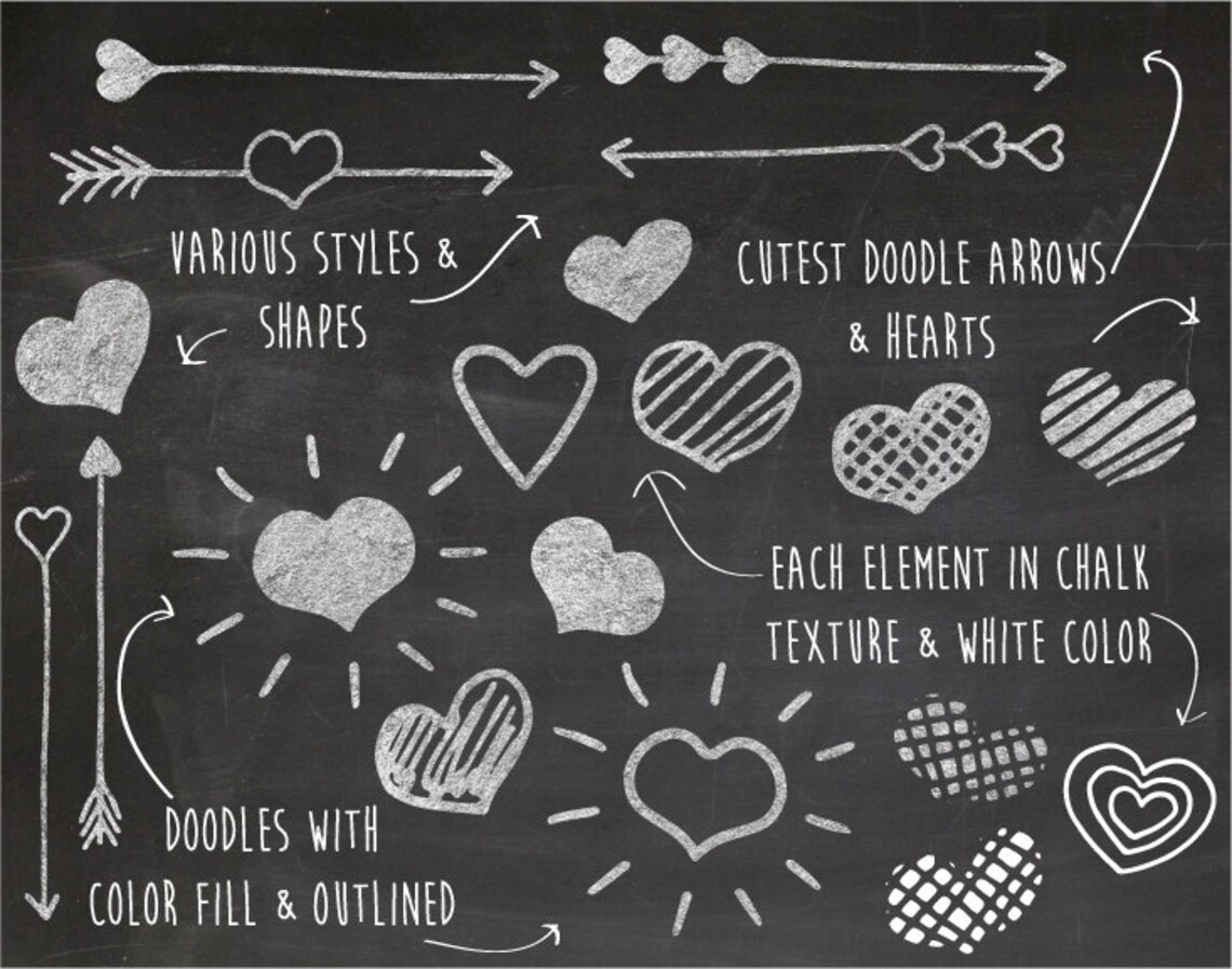 Chalk Hearts & Arrows Clip Art. Hand Drawn Doodle Arrows - Etsy