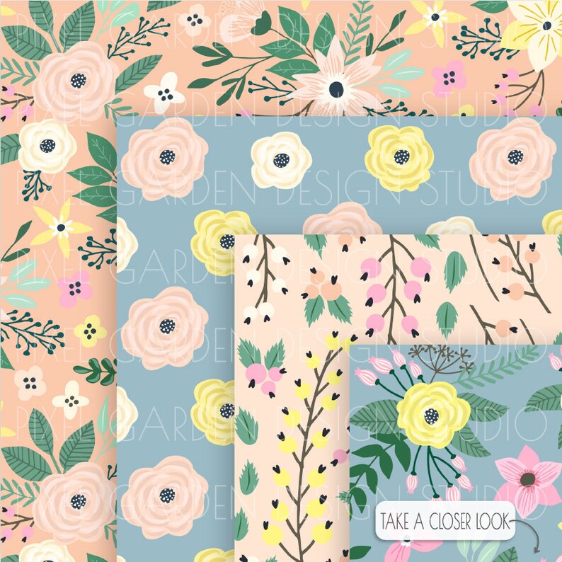 Parisian Floral Digital Paper. Peach Gray Yellow Shabby - Etsy