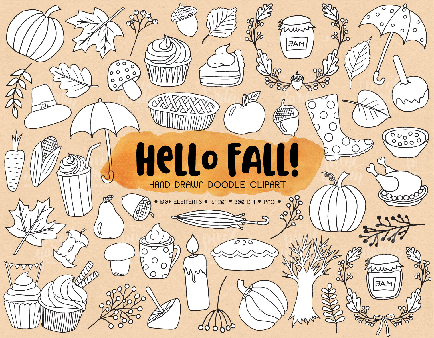 Hand Drawn Fall Clip Art. Doodle Autumn Clip Art. Thanksgiving ...