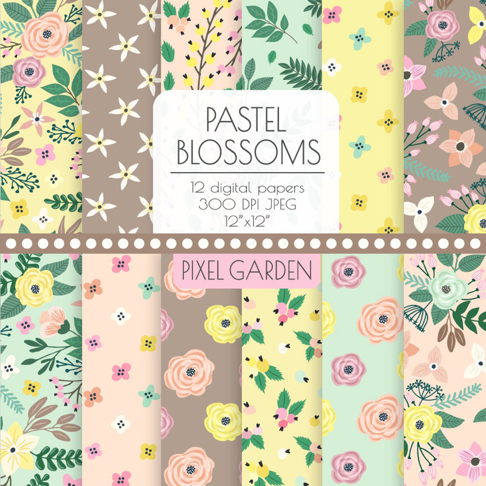 Pastel Floral Digital Paper. Peach, Mint, Yellow, Taupe Scrapbooking ...