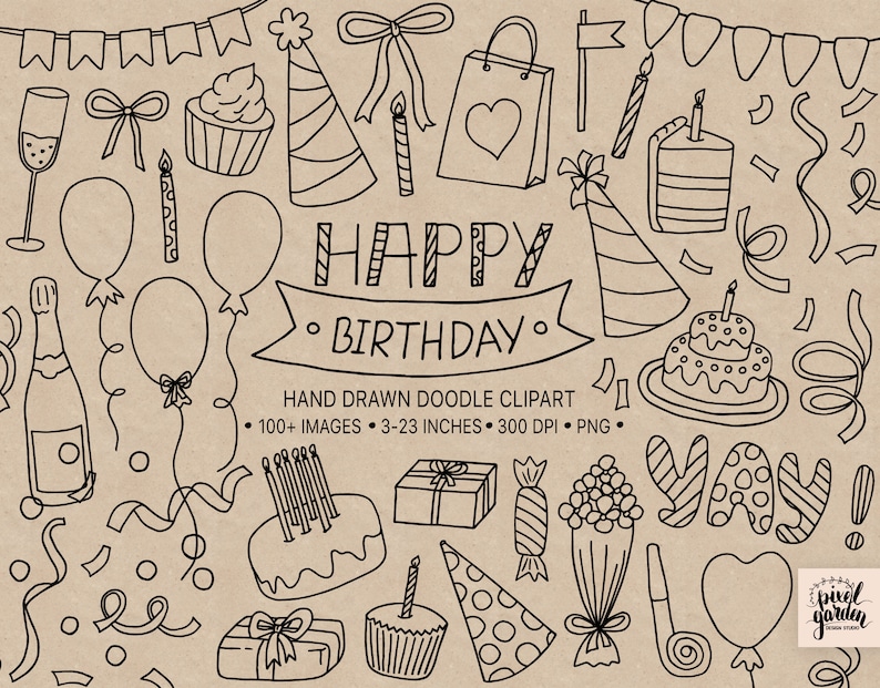 Birthday Clipart. Hand Drawn Birthday Clip Art. Celebration - Etsy