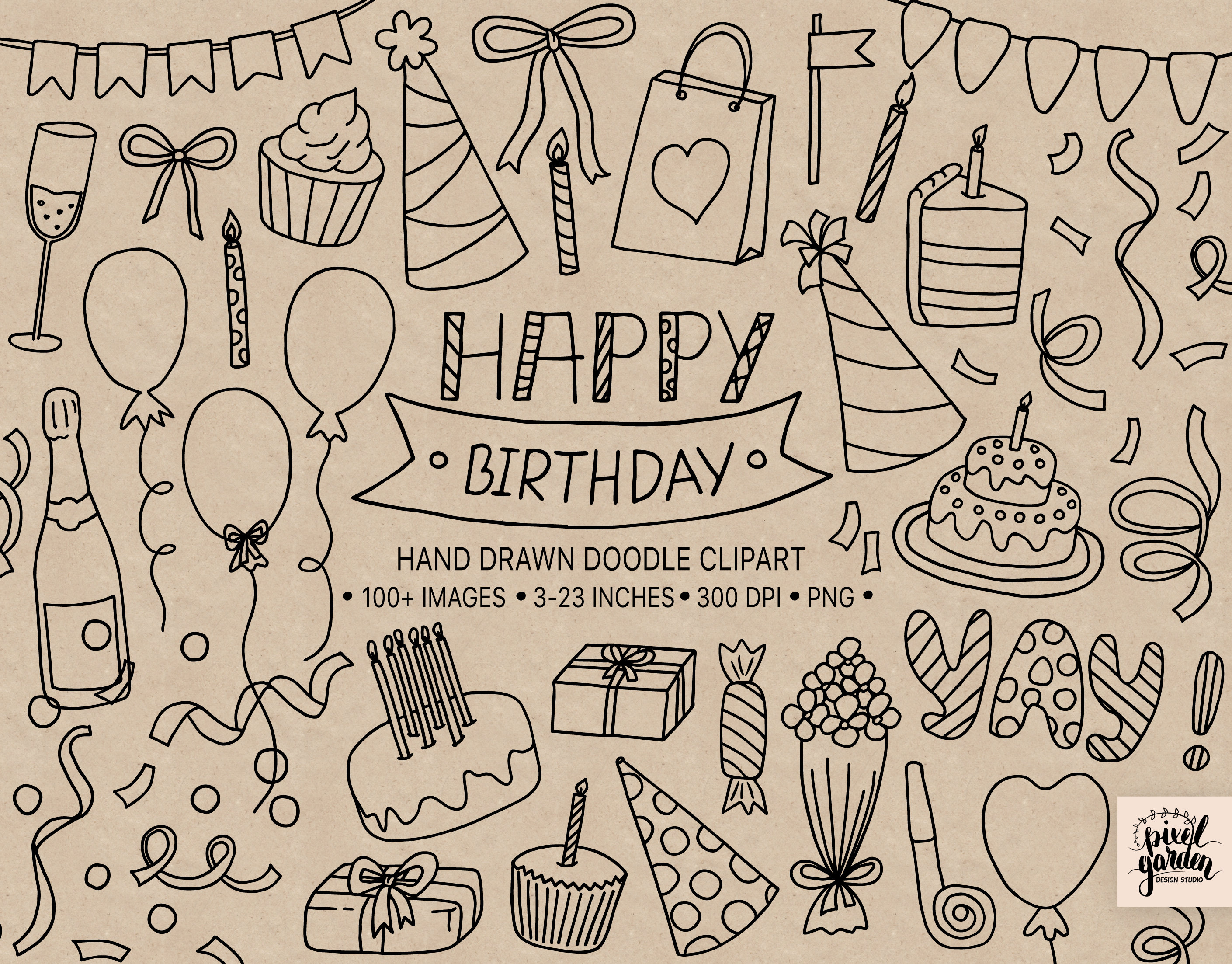 Birthday Clipart. Hand Drawn Birthday Clip Art. Celebration Clipart ...