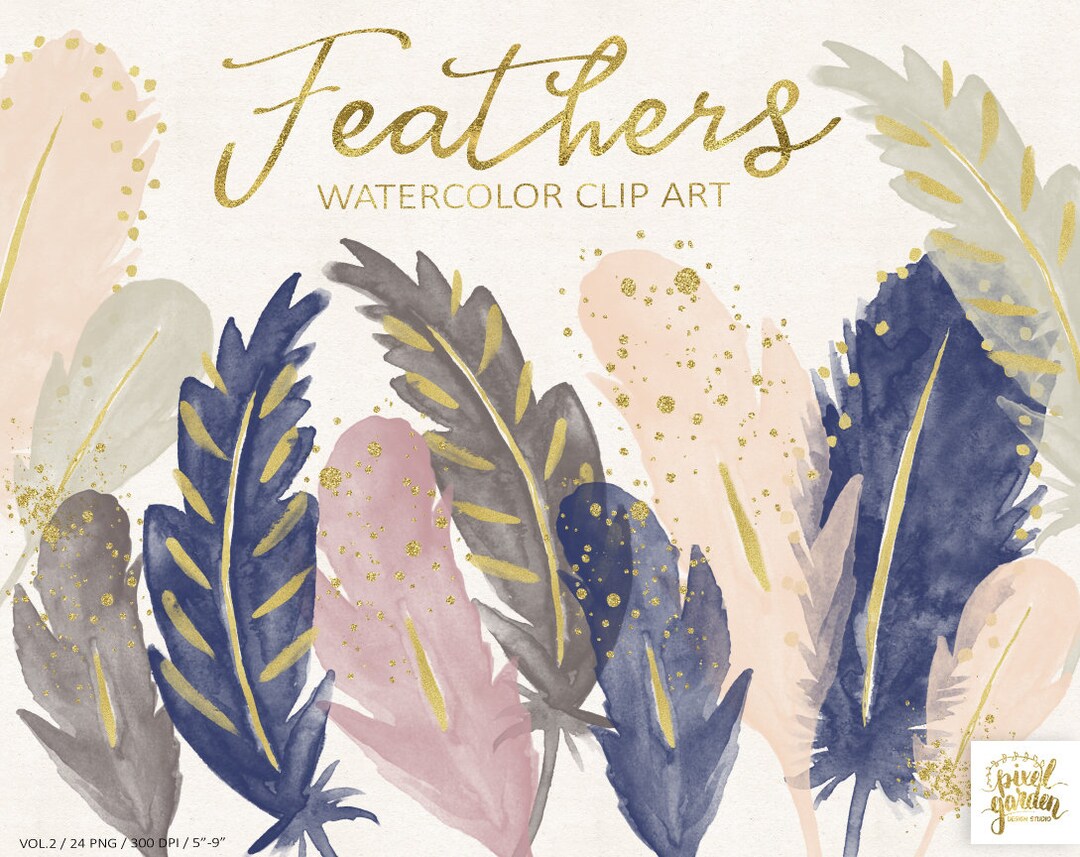 Watercolor Feather Clipart. Gold Watercolour Feathers. Mint, Nude, Pink ...
