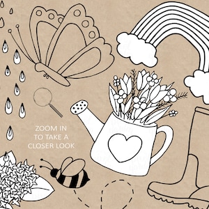 Black & White Spring Clipart. Hand Drawn Floral Clip Art. Rainbow, Rain ...