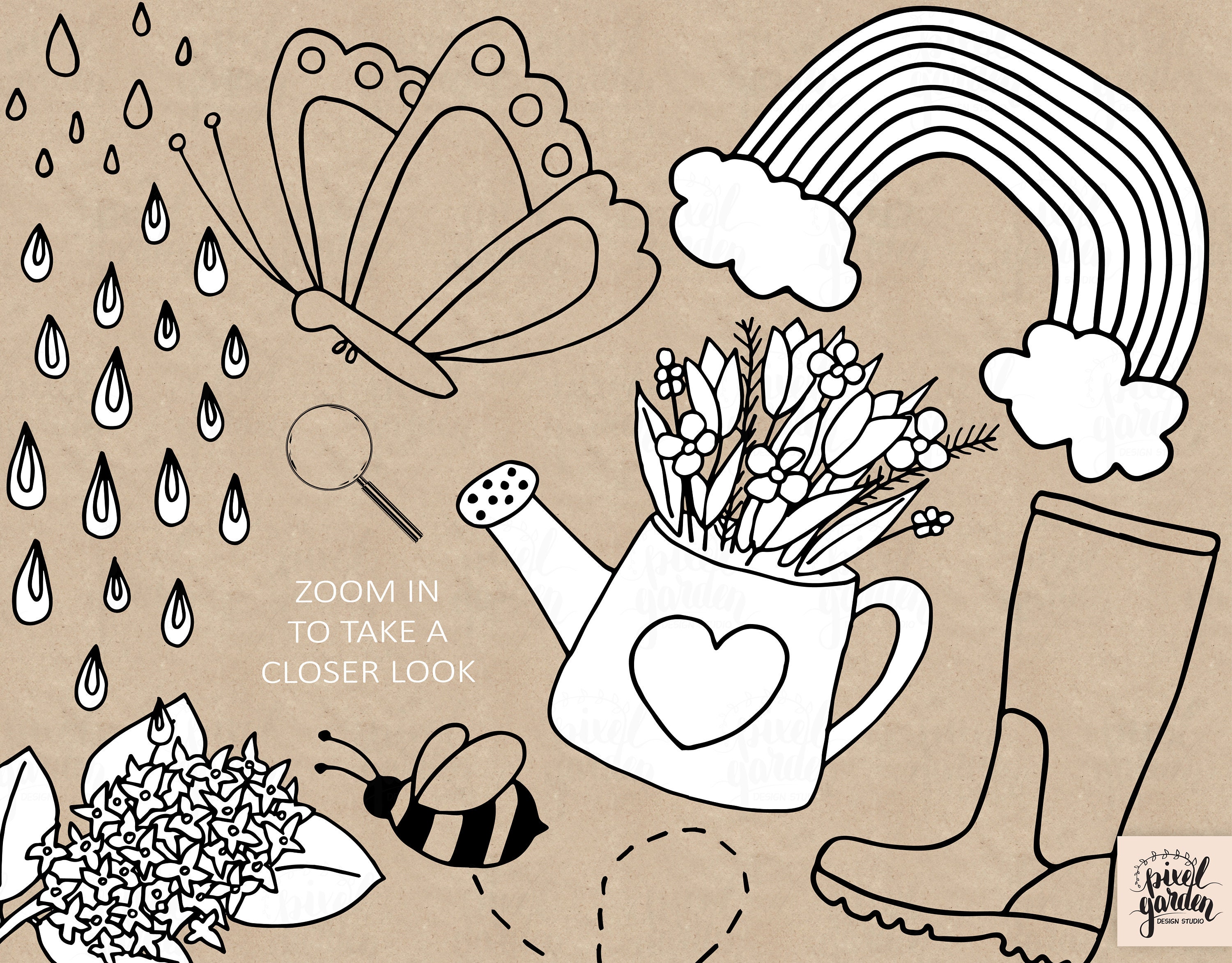 Black & White Spring Clipart. Hand Drawn Floral Clip Art. | Etsy