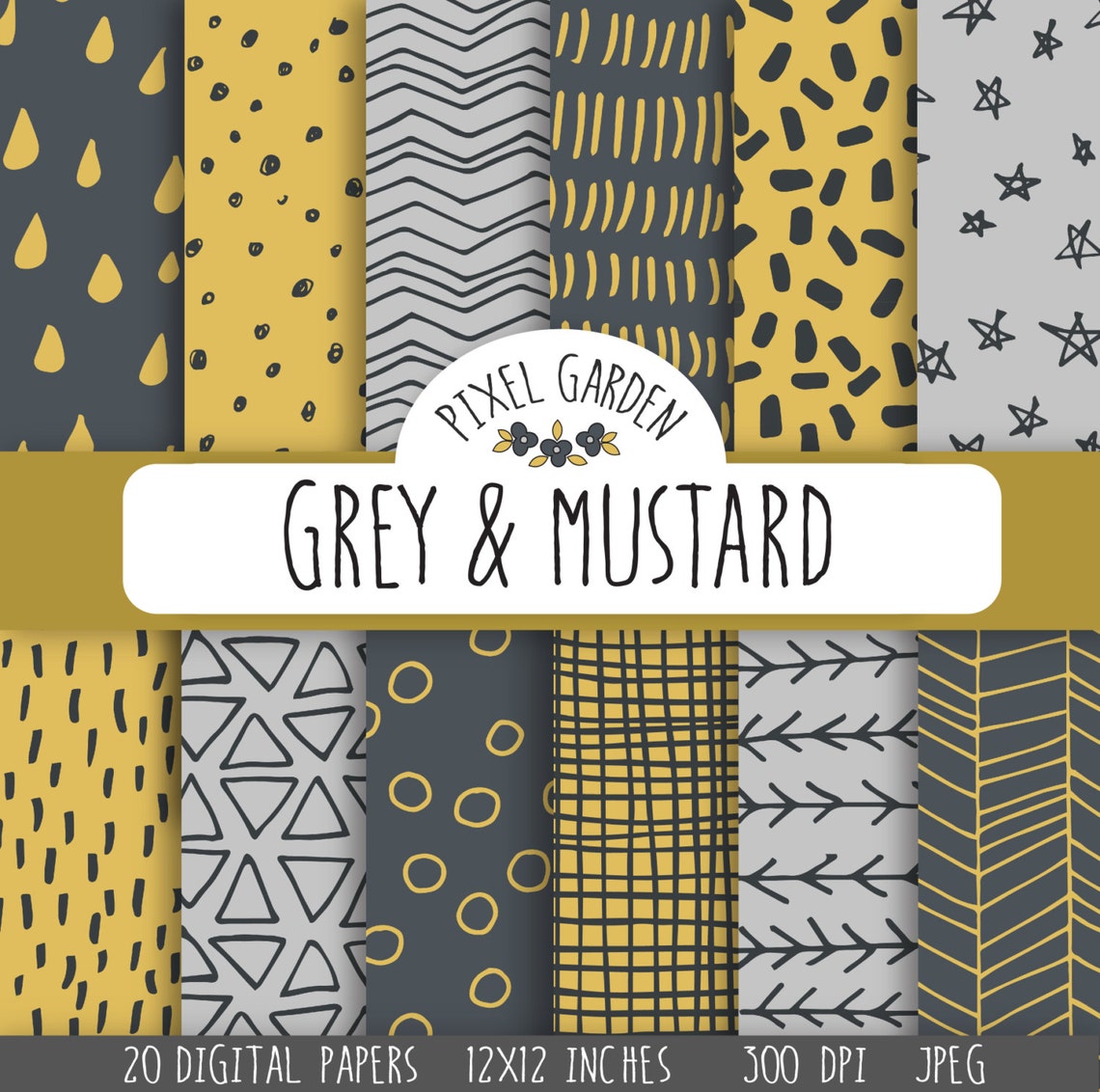 Hand Drawn Digital Papers. Mustard and Grey Doodle | Etsy