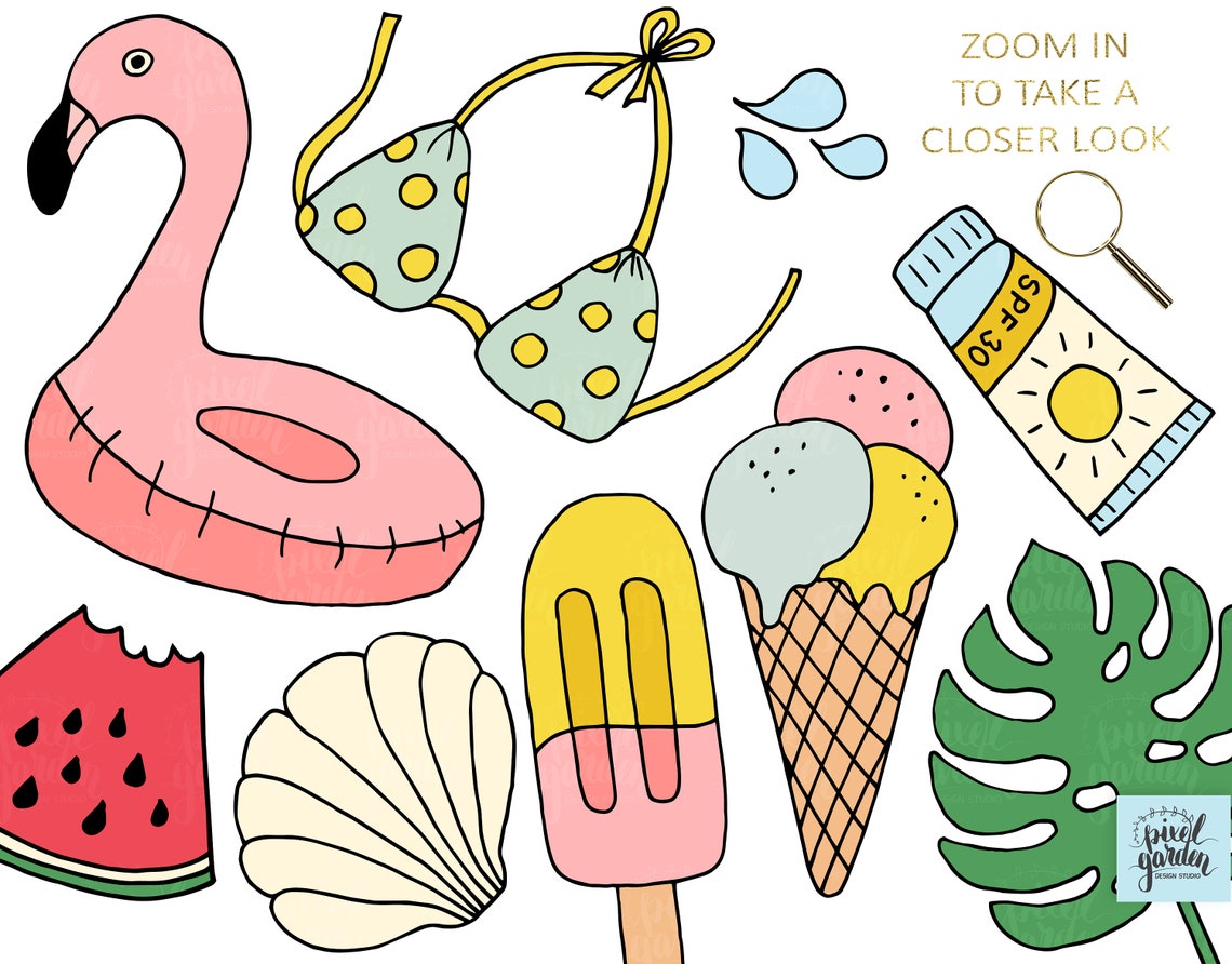 Summer Clipart. Hand Drawn Beach Vacation Holiday Clip Art. - Etsy