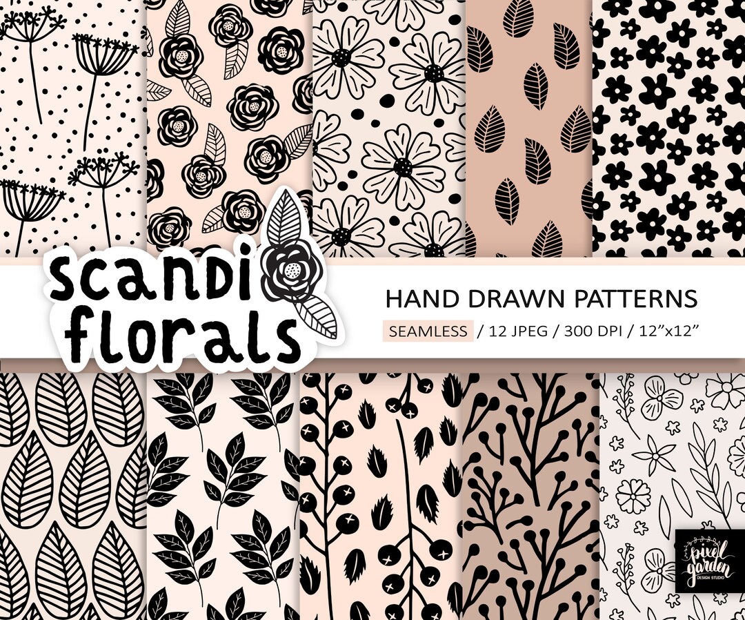 Scandinavian Floral Digital Paper. Seamless Minimalist Rose Peony ...