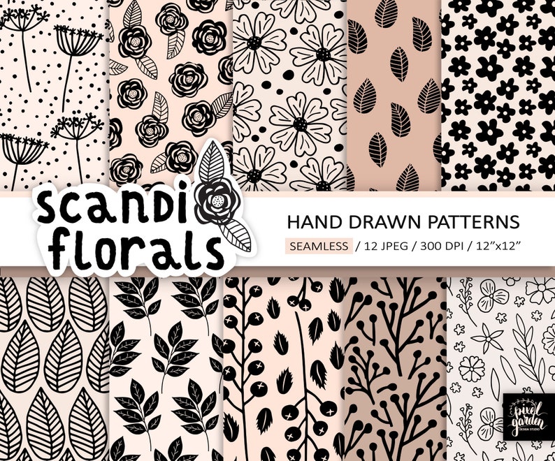 Scandinavian Floral Digital Paper. Seamless Minimalist Rose Peony ...