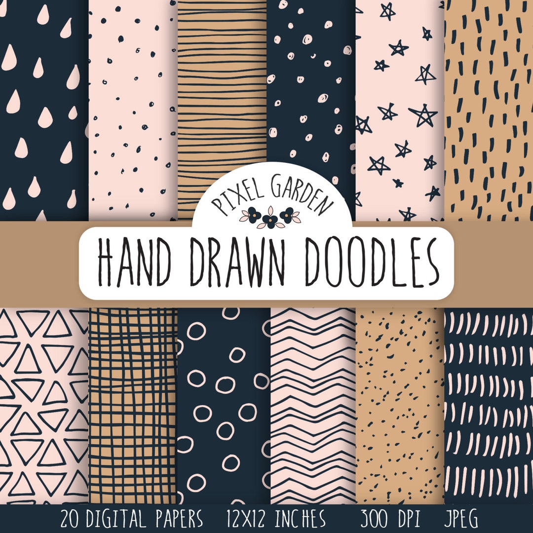 Hand Drawn Doodle Digital Papers. Navy and Pink Scribble Paper ...