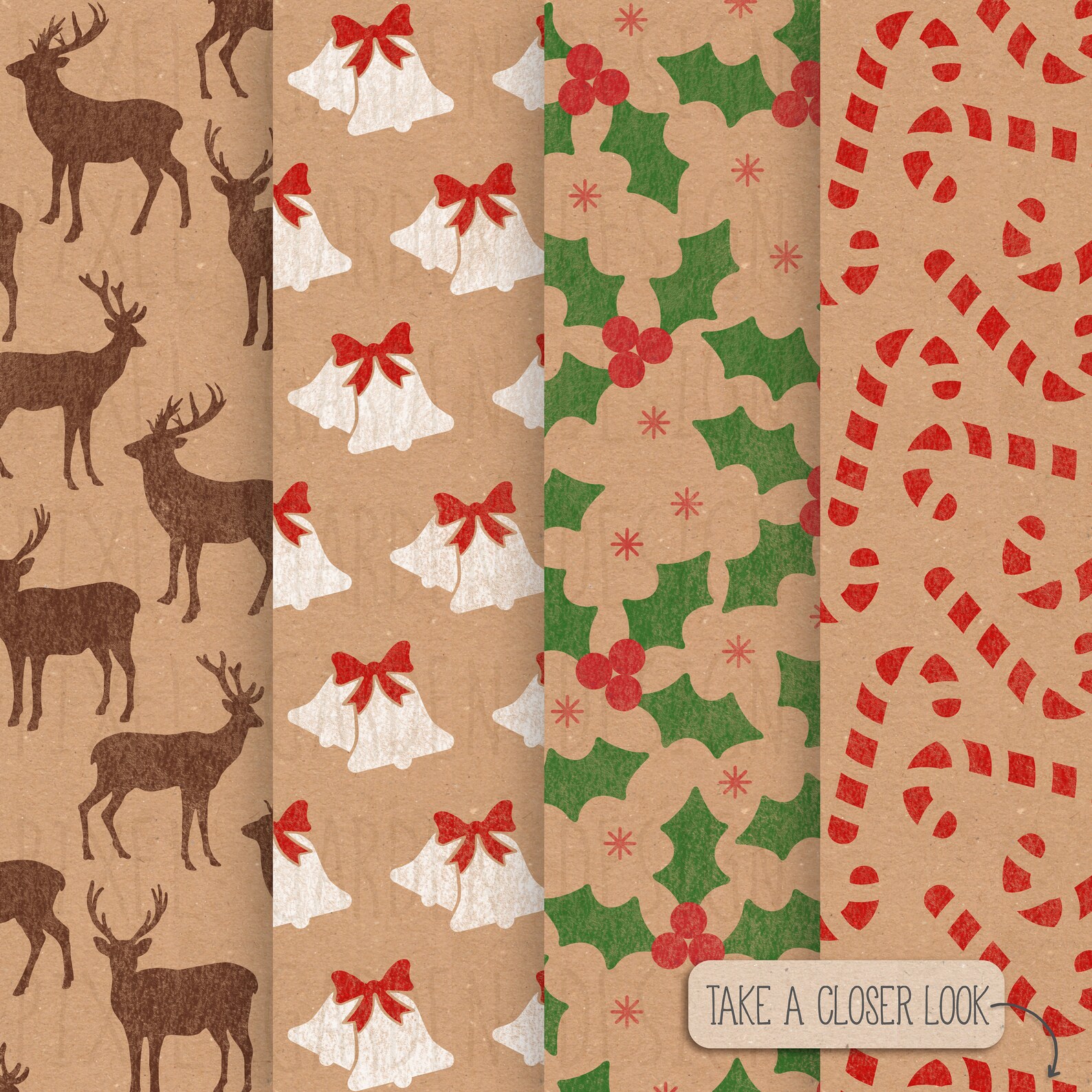 Rustic Christmas Digital Paper. Red, Green Kraft Christmas Scrapbook ...