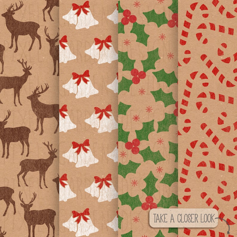 Rustic Christmas Digital Paper. Red Green Kraft Christmas - Etsy