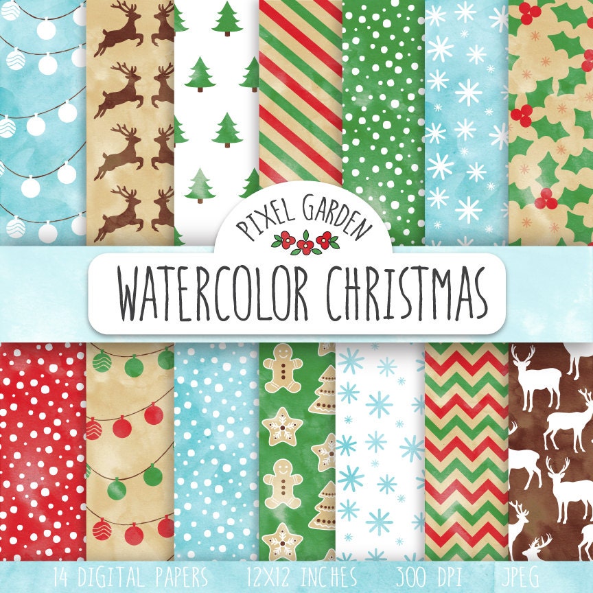 Christmas Digital Paper. Watercolor Rustic Christmas Patterns. | Etsy