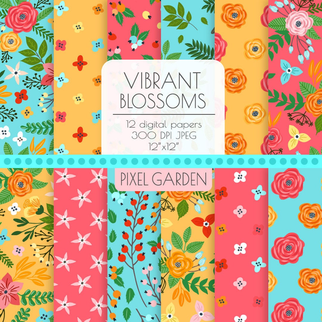 Yellow, Turquoise Floral Digital Paper. Peony, Rose Blossom Coral, Blue ...