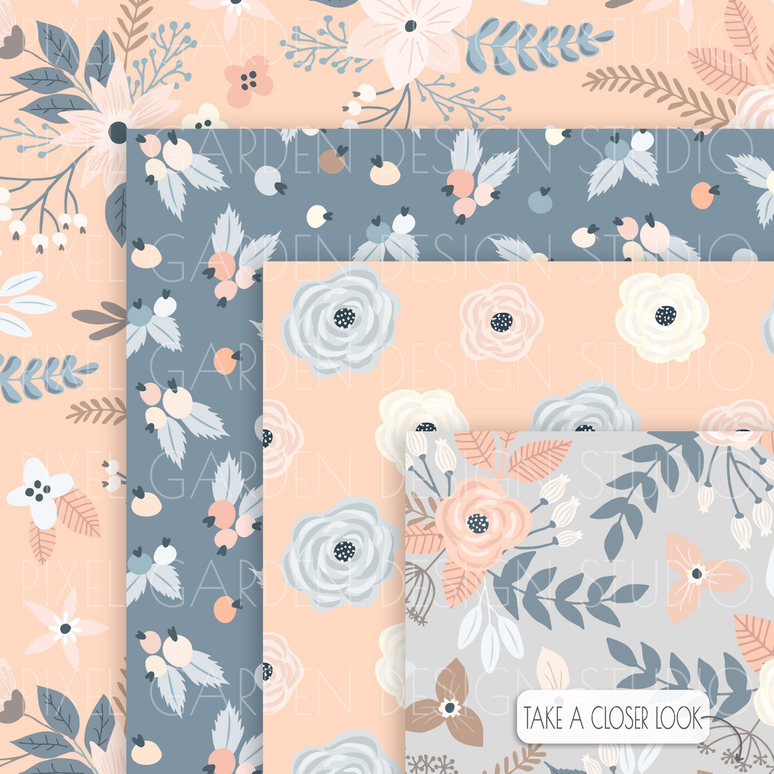 Peach Floral Digital Paper. Peach Gray Shabby Cottage Chic - Etsy