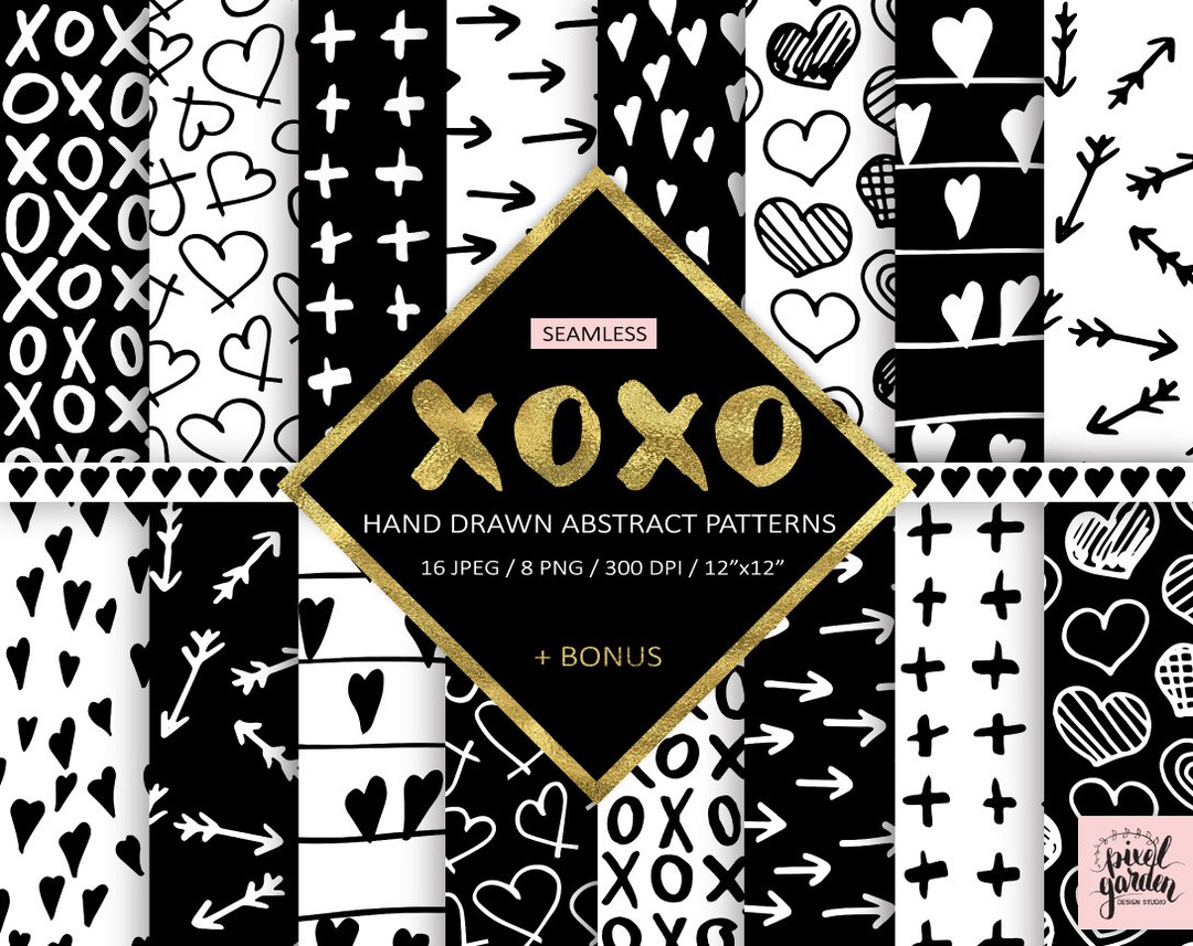 Love, Hearts, Arrows Digital Paper. Monochrome Valentines Day ...