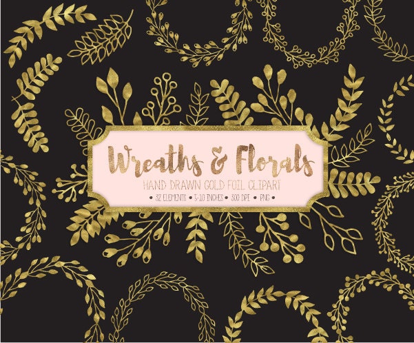 Gold Wreaths & Laurels Clip Art. Gold Foil Floral Elements Clip Art ...