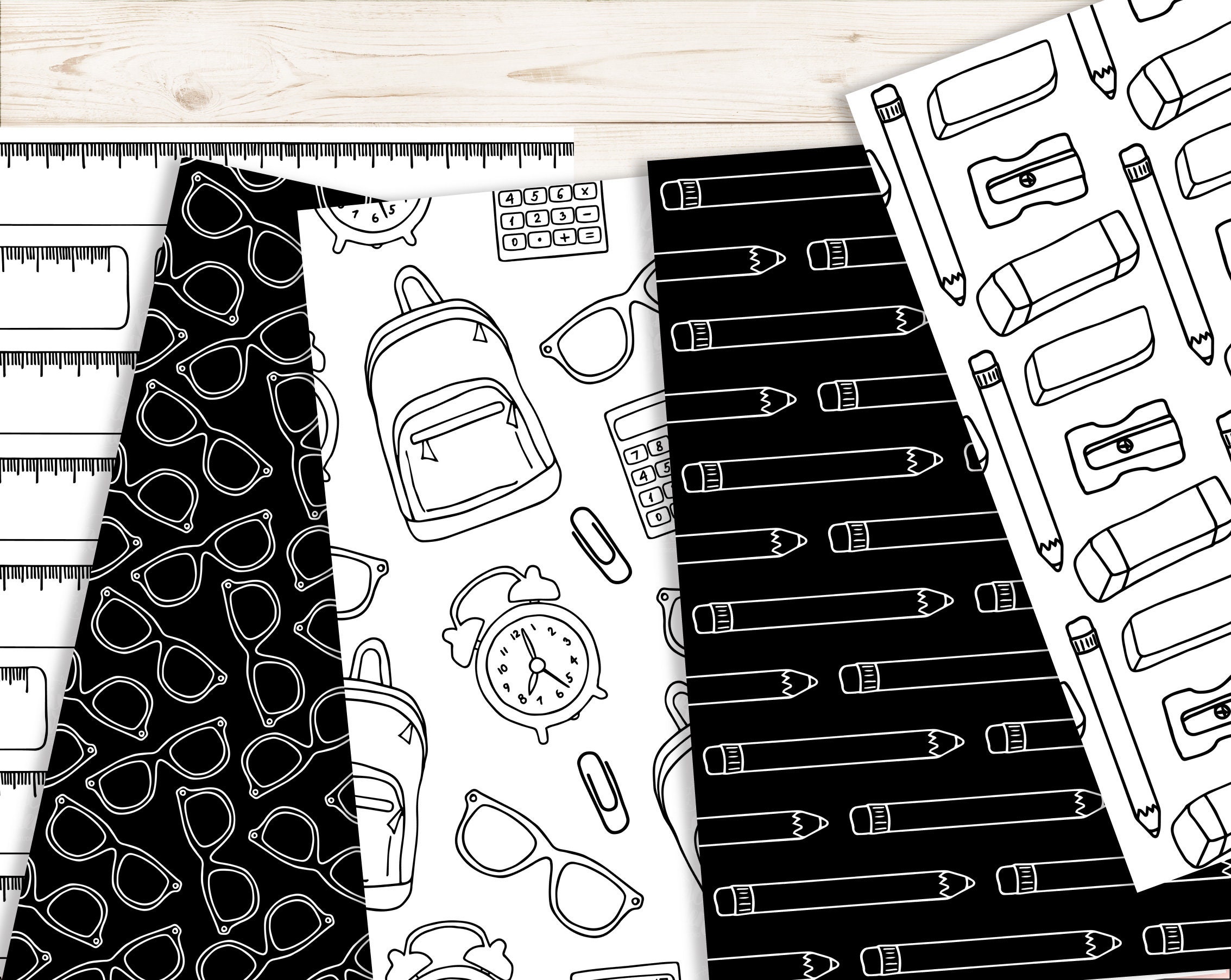 Black & White Back to School Digital Paper. Hand Drawn Student, Teacher ...