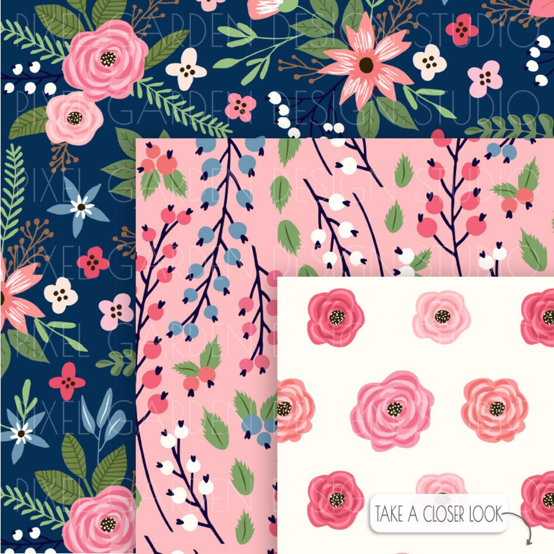 Navy & Pink Floral Digital Paper Background. Shabby Cottage | Etsy