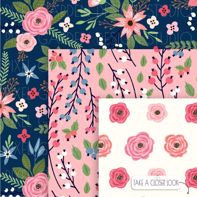 Navy & Pink Floral Digital Paper Background. Shabby Cottage Chic ...