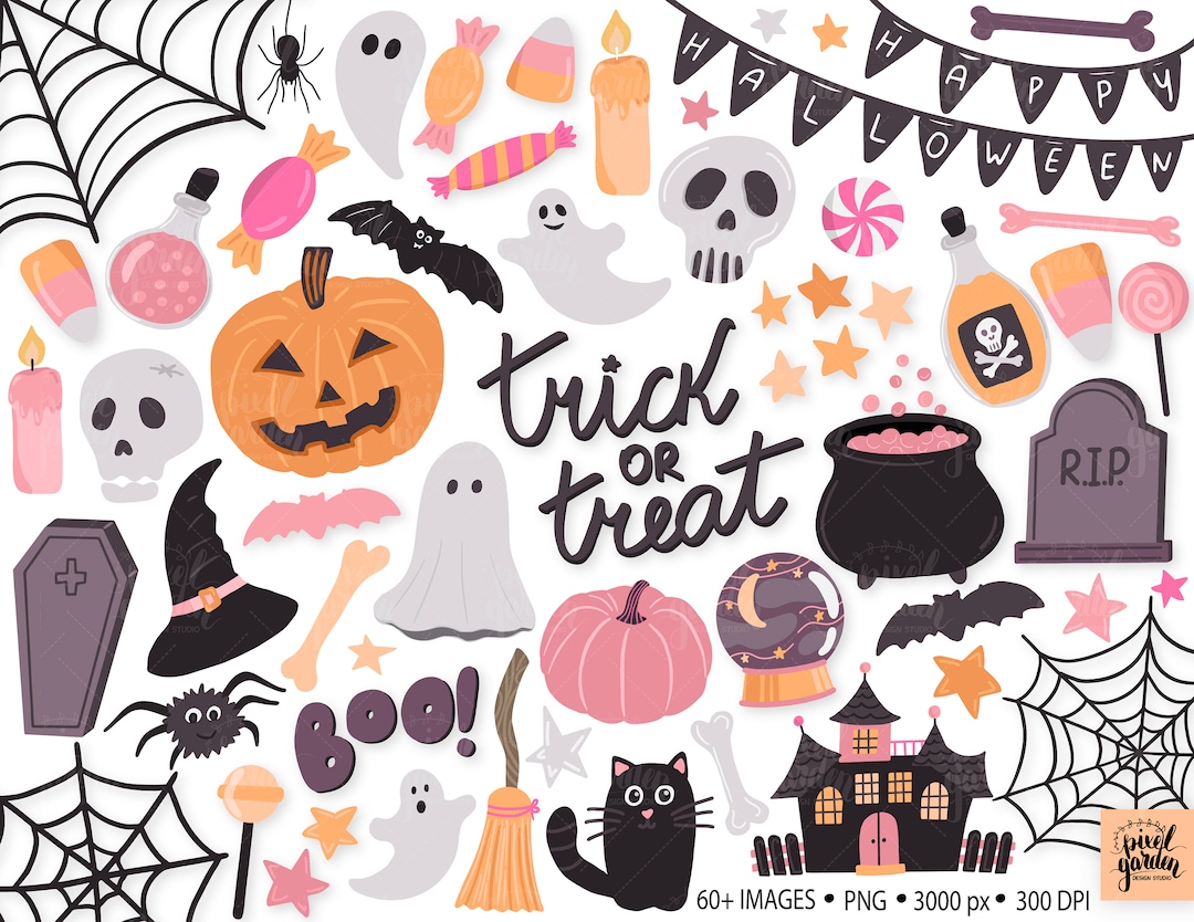 Cute Halloween Clip Art. Hand Drawn Spooky Clipart. Ghosts, Pumpkin ...