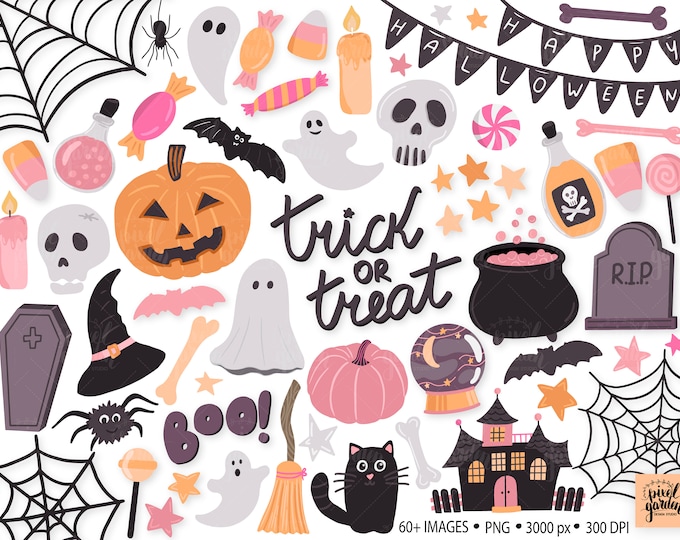Cute Halloween Clip Art. Hand Drawn Spooky Clipart. Ghosts, Pumpkin ...