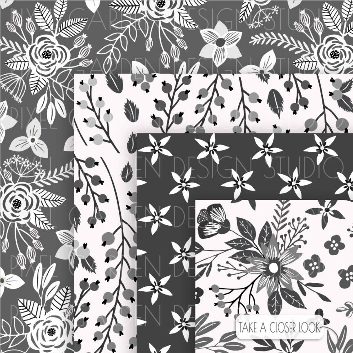 Black & White Floral Digital Paper. Monochrome Rose Peony - Etsy