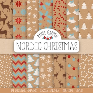 Rustic Christmas Digital Paper. Red, Blue Kraft Christmas Scrapbook ...