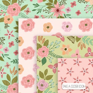 Mint, Pink Floral Digital Paper. Cottage Chic Scrapbook Paper. Hand ...
