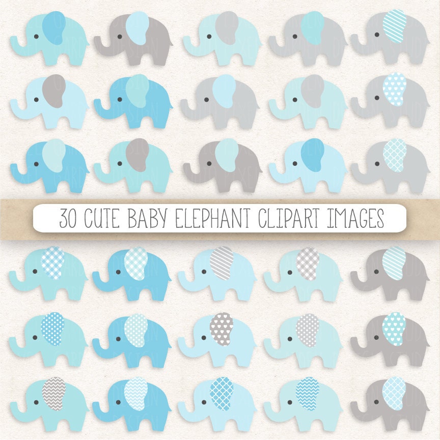 Blue Elephant Clip Art for Nursery, Baby Shower. Baby Boy Digital Paper ...