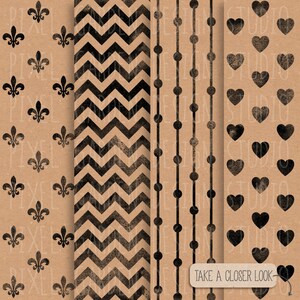 Kraft Digital Paper. Stamped Scrapbook Paper With Hearts, Chevron ...