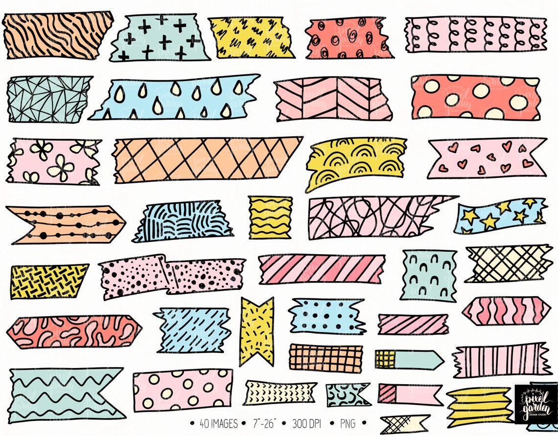 Washi Tape Clipart. Hand Drawn Washi Clip Art. Doodle School - Etsy
